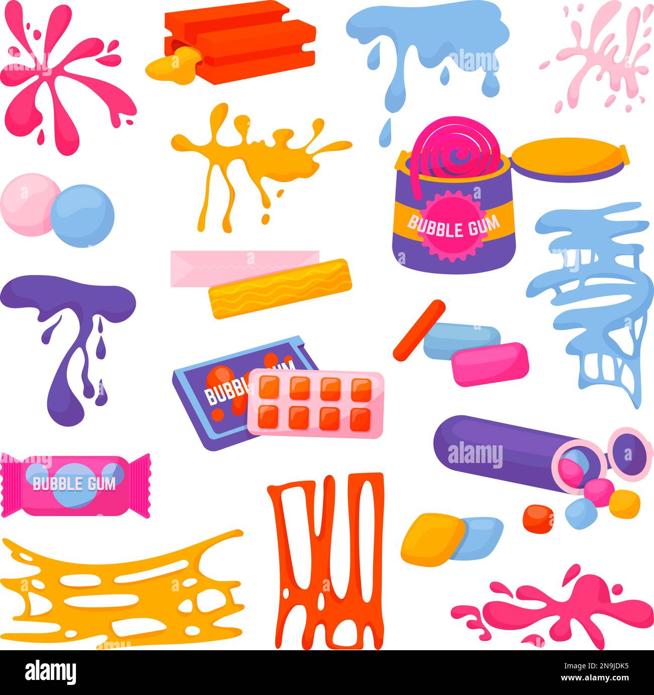 Cartoon gum splashes pink slime. Chewing gums isolated splash. Chews ...