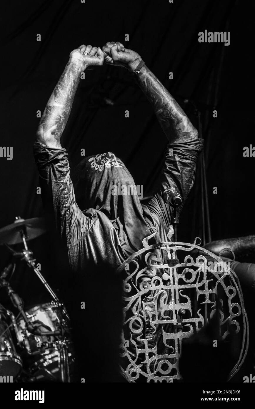 A vertical grayscale shot of Gaerea performing at the Brutal Assault ...