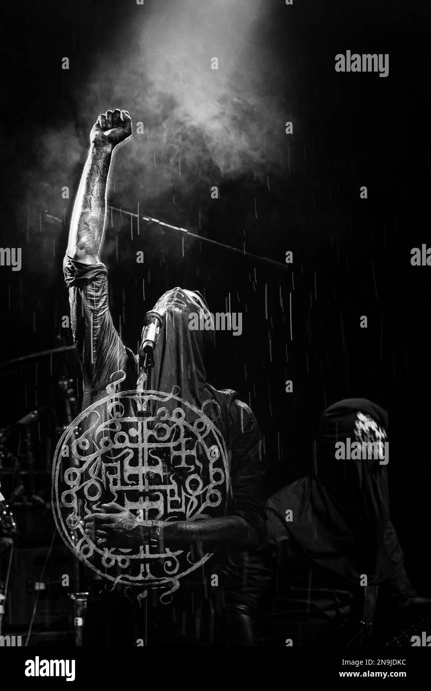 A vertical grayscale shot of Gaerea performing at the Brutal Assault ...