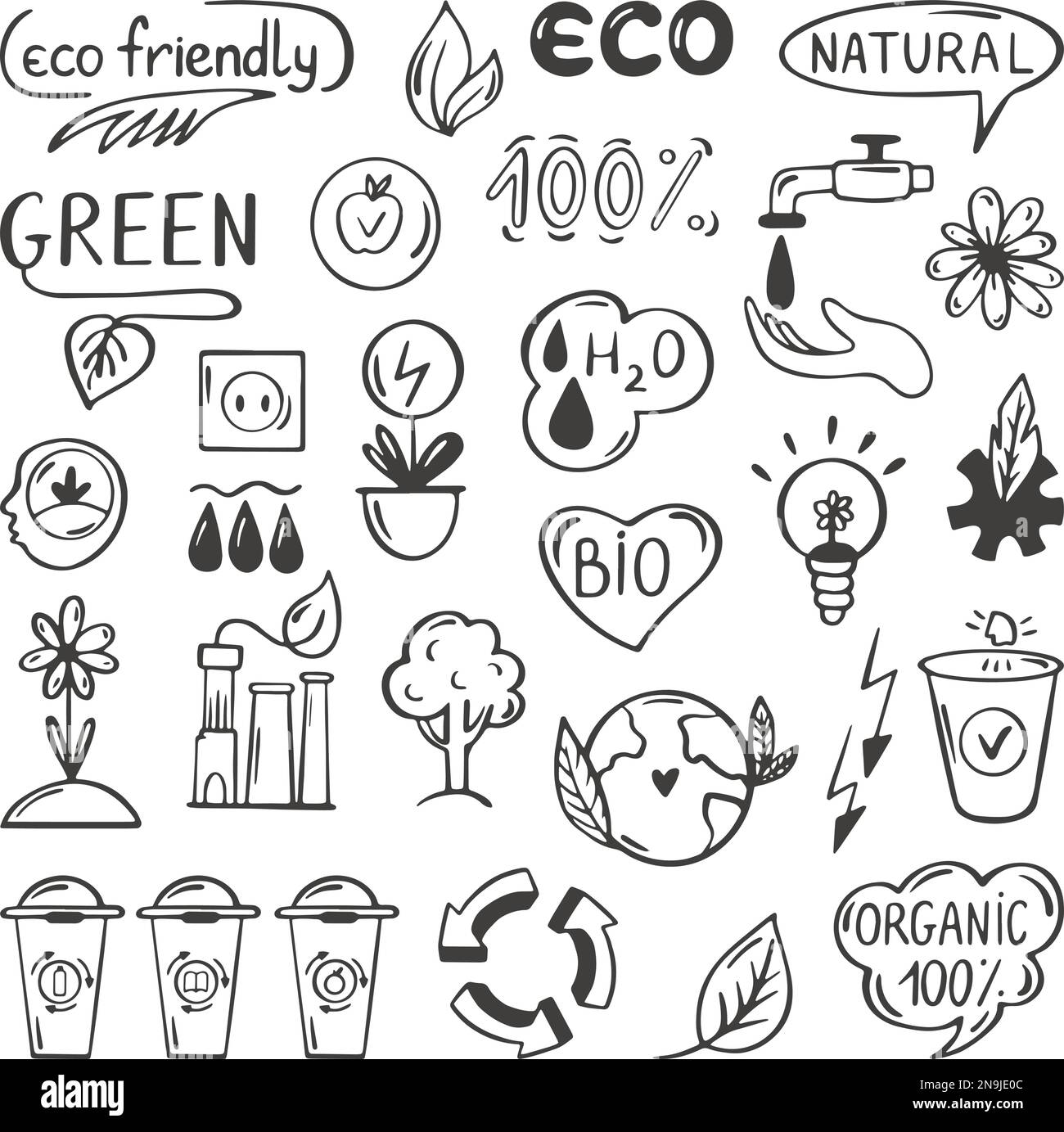 Eco doodle set. Ecology energy and electricity doodles. Environmental ...