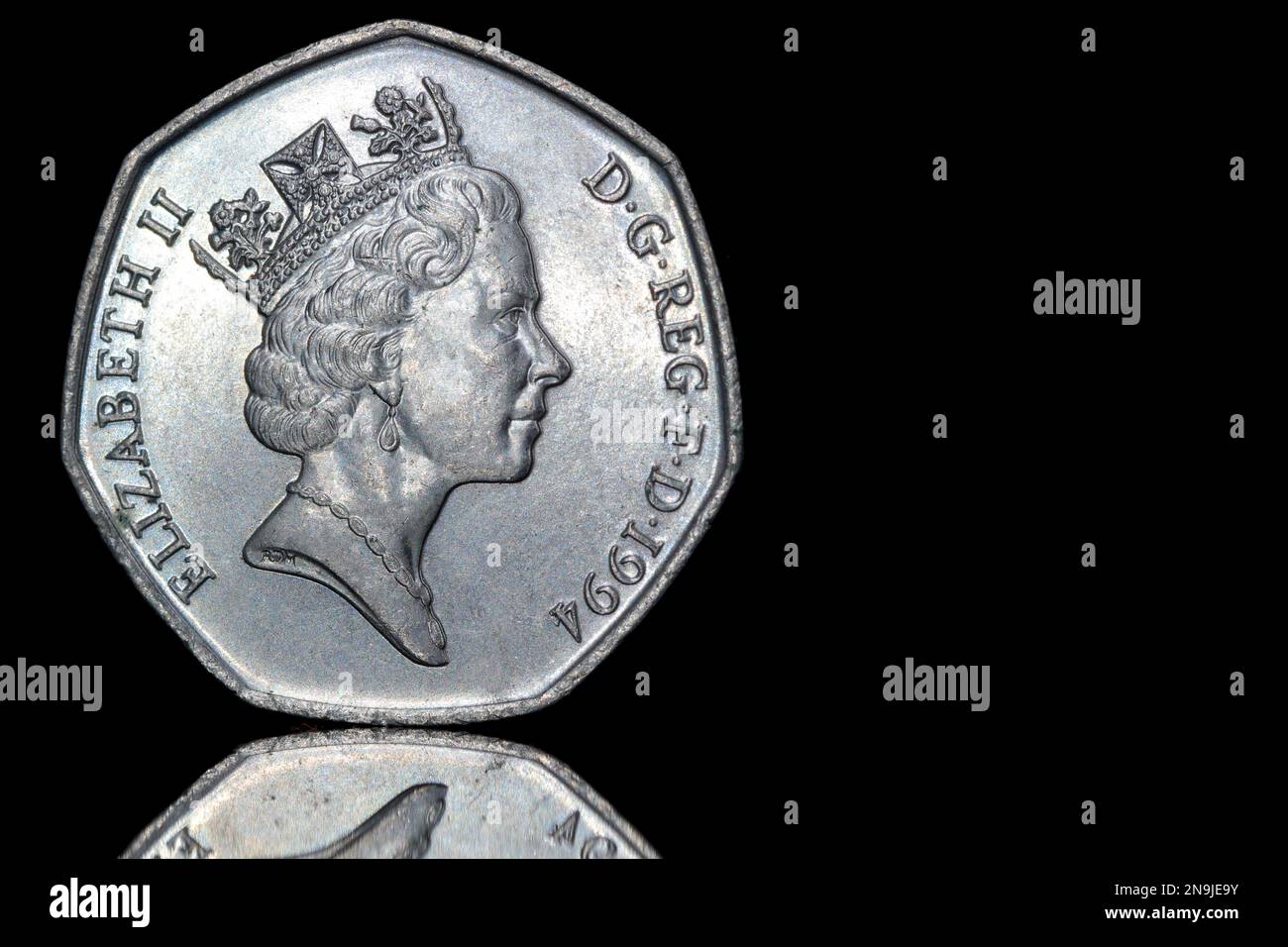 Obverse side of a 1994 50 pence coin featuring the 3rd Queen Elizabeth ...