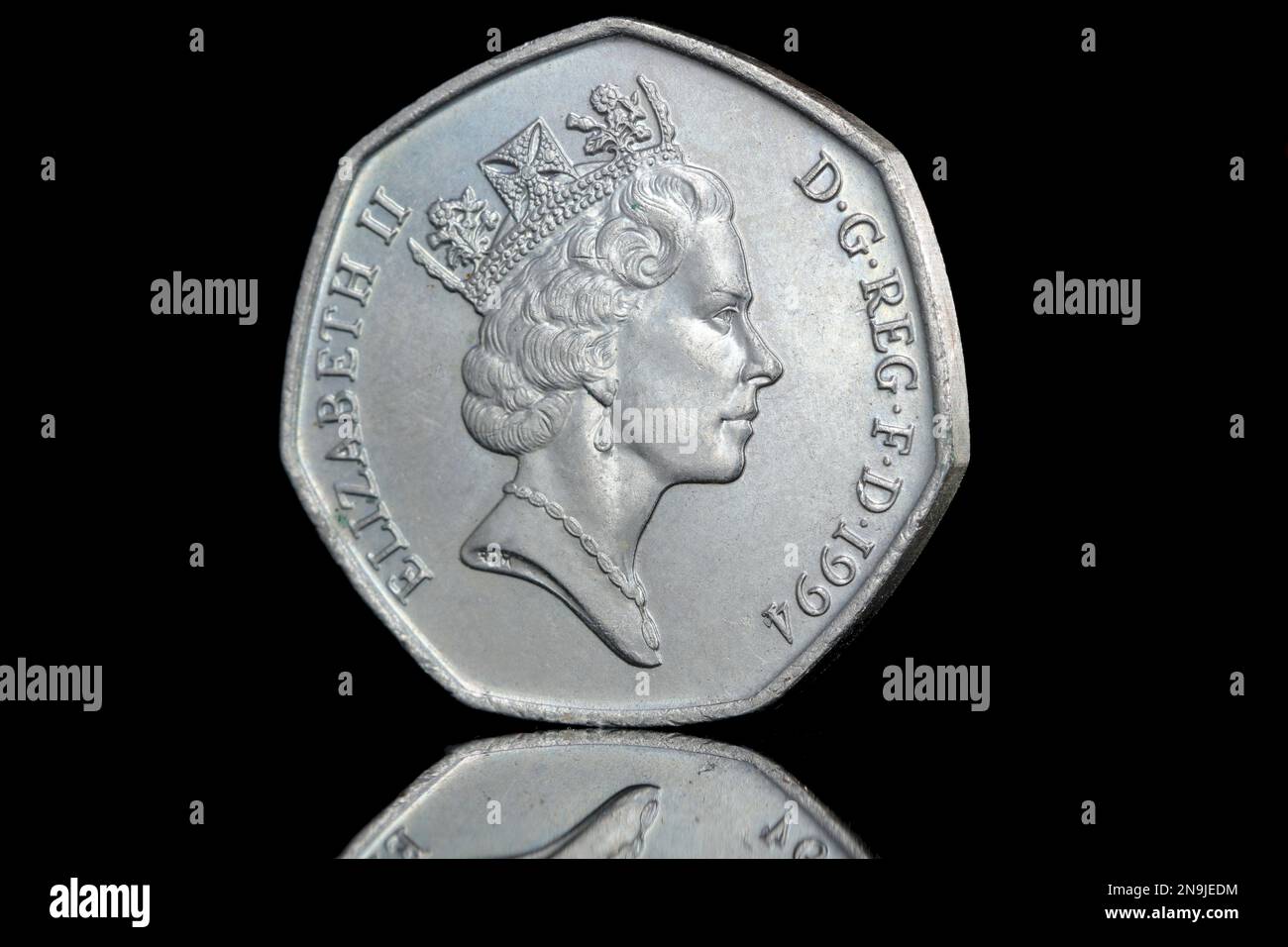 Obverse side of a 1994 50 pence coin featuring the 3rd Queen Elizabeth ...