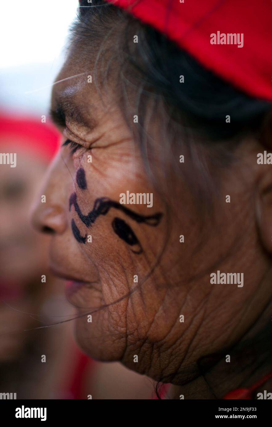 A Pemon Indigenous woman participates in a protest outside the Germany ...