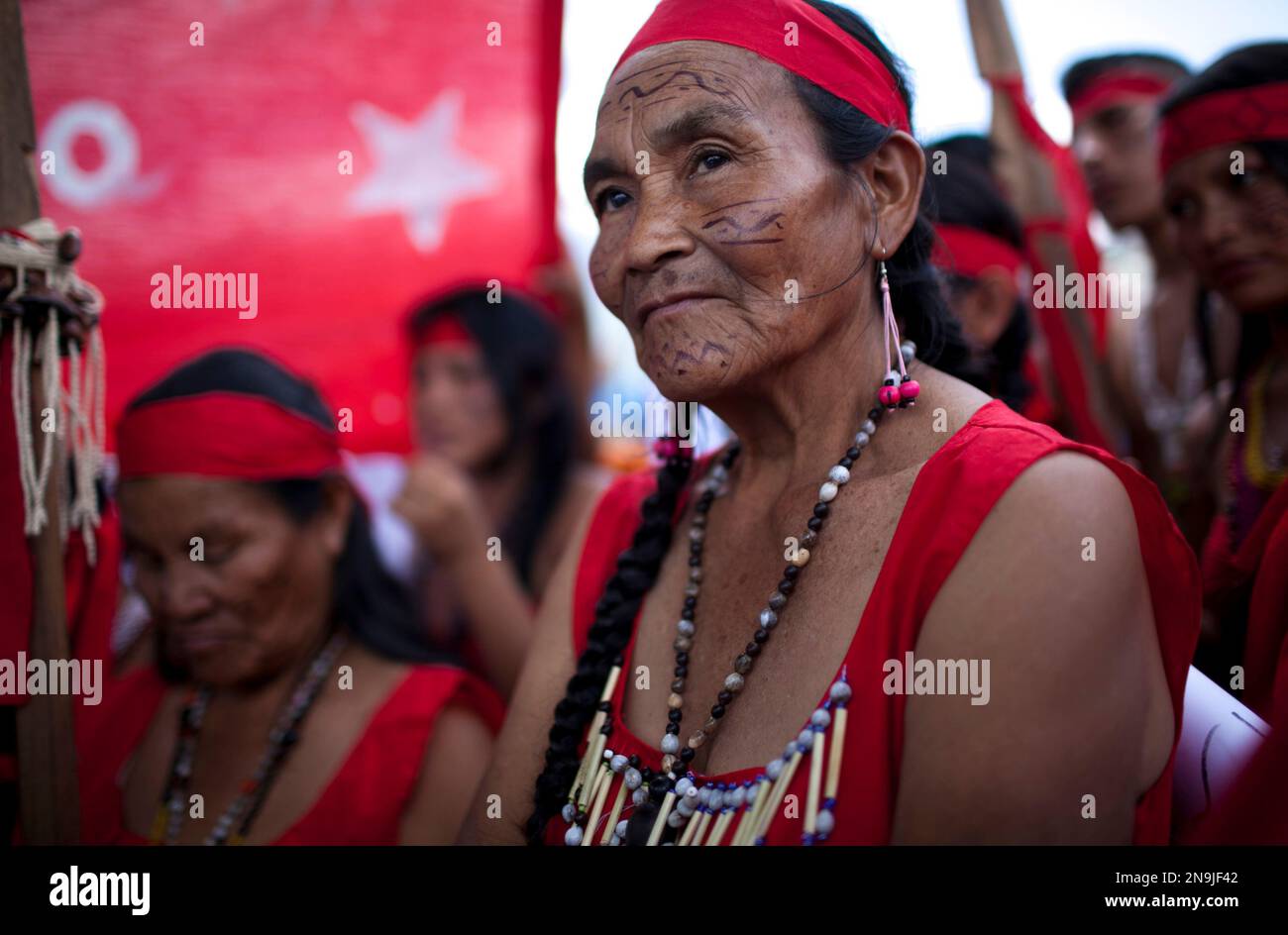 Pemon Indigenous participate in a protest outside the Germany's embassy ...