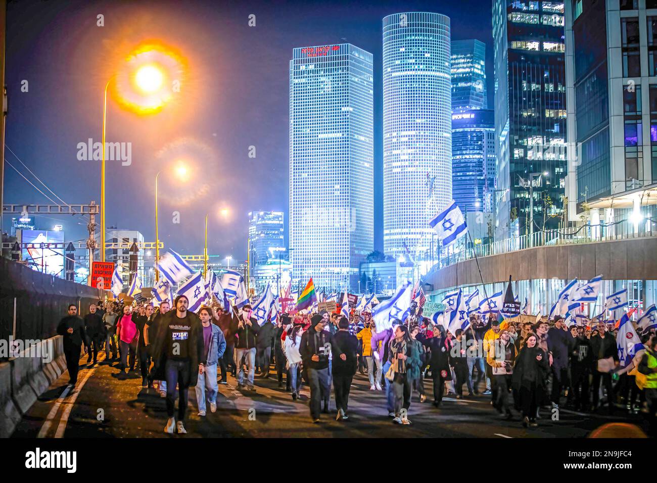 Tel Aviv Israel 11th Feb 2023 Protestors Wave Israeli Flags During