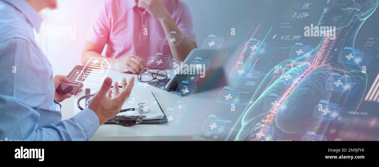 Healthcare business, Man patient having consultation with doctor data ...