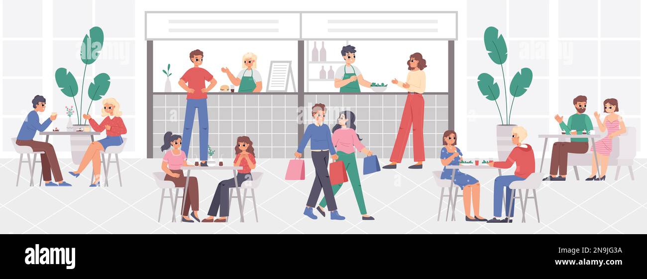 People on food court, teenagers in restaurant. Coffee buffet, cute ...