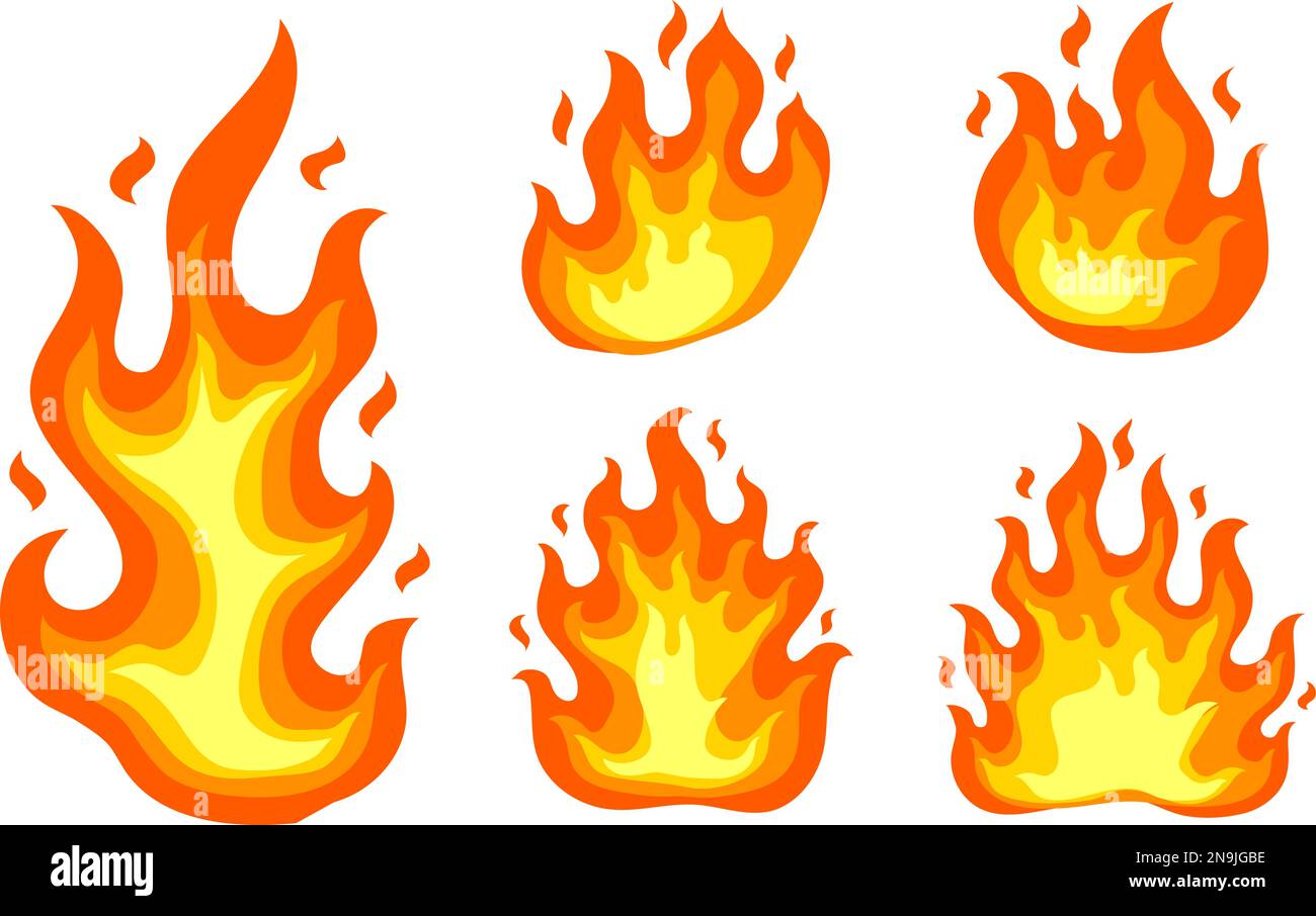 Fire flames cartoon elements. Flames design icons, burning lights ...