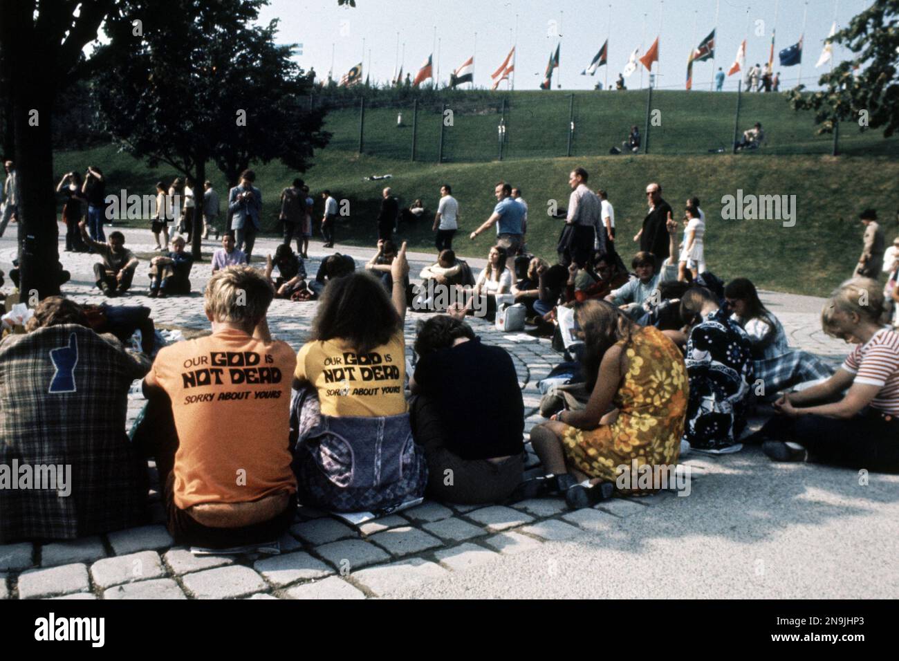 Young people gather outside the Olympic Stadium in Munich, Germany on ...