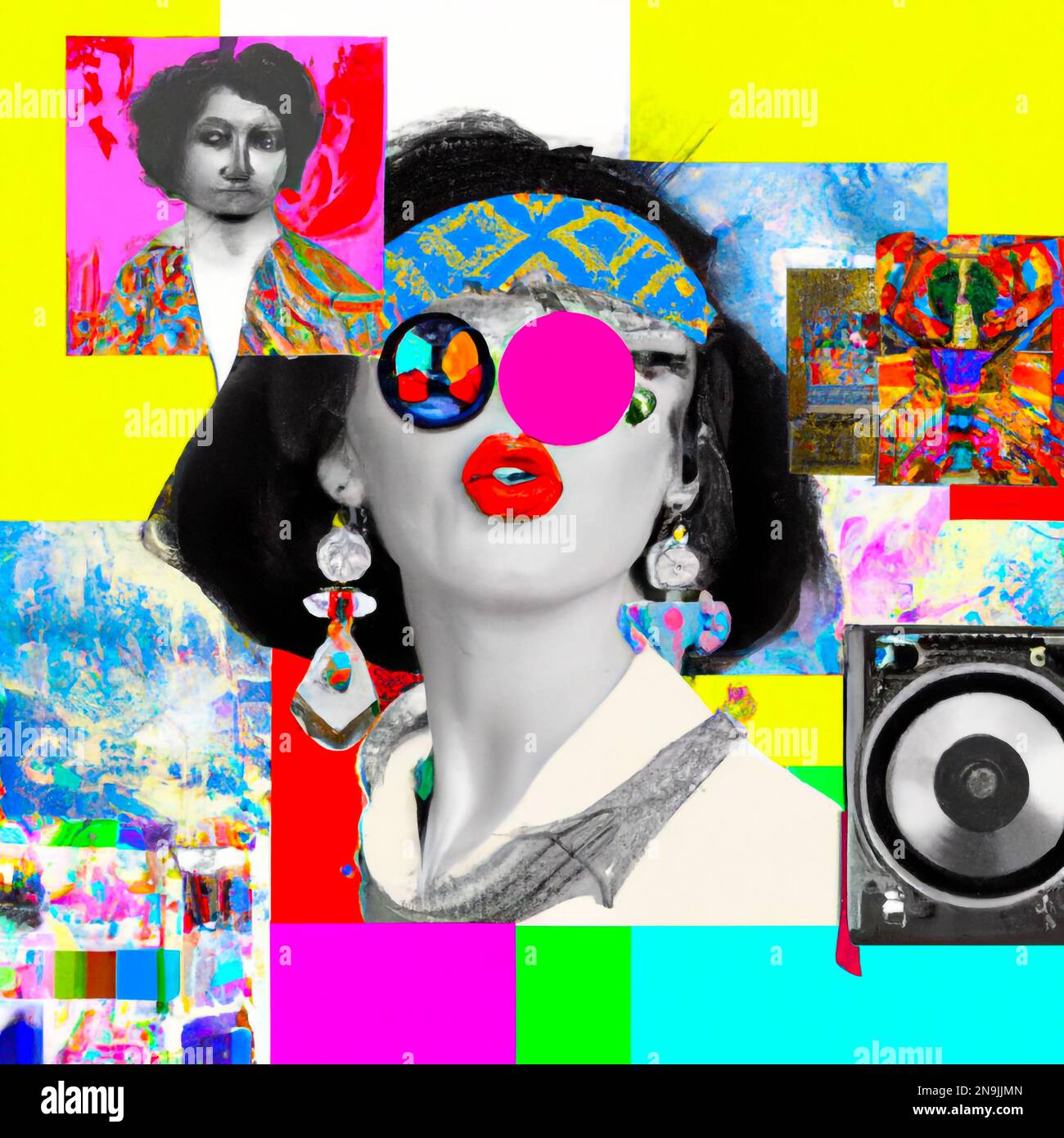 Colorful collage of portrait and different elements, fusion of ...
