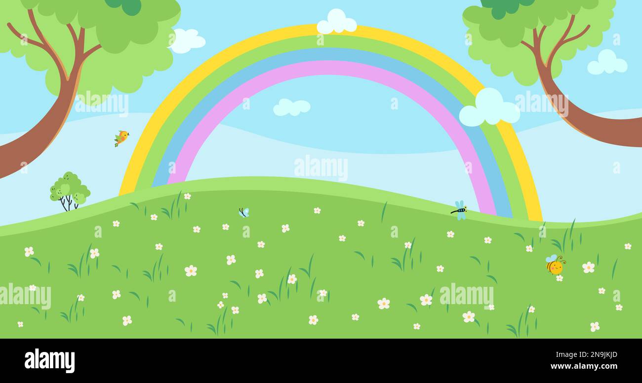 Cartoon meadow landscape with green tree, rainbow, clouds and flowers ...