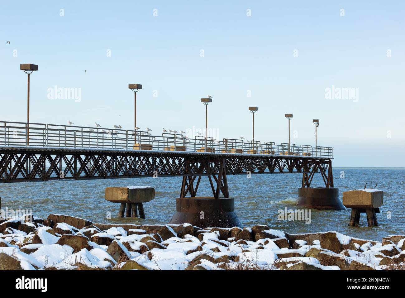 Winter scene of the Pier at Edgewater Park along the shoreline of Lake ...