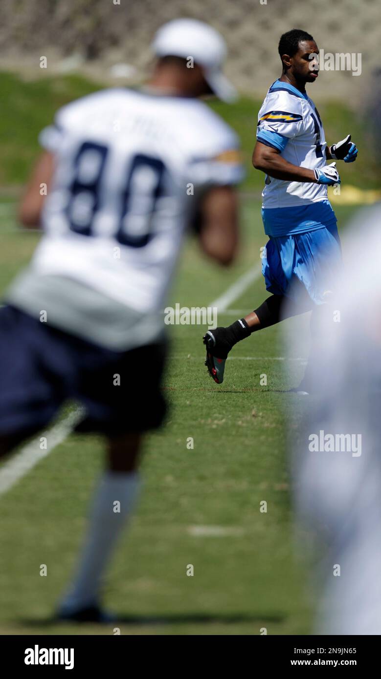 San Diego Chargers wide receiver Robert Meacham, top right, runs a ...