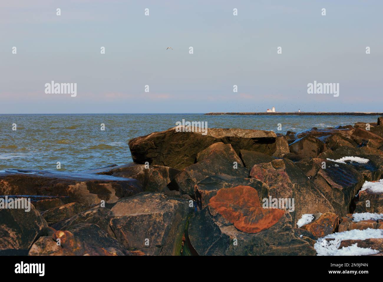 Views along the wintery shoreline of Lake Erie at Edgewater Park in ...