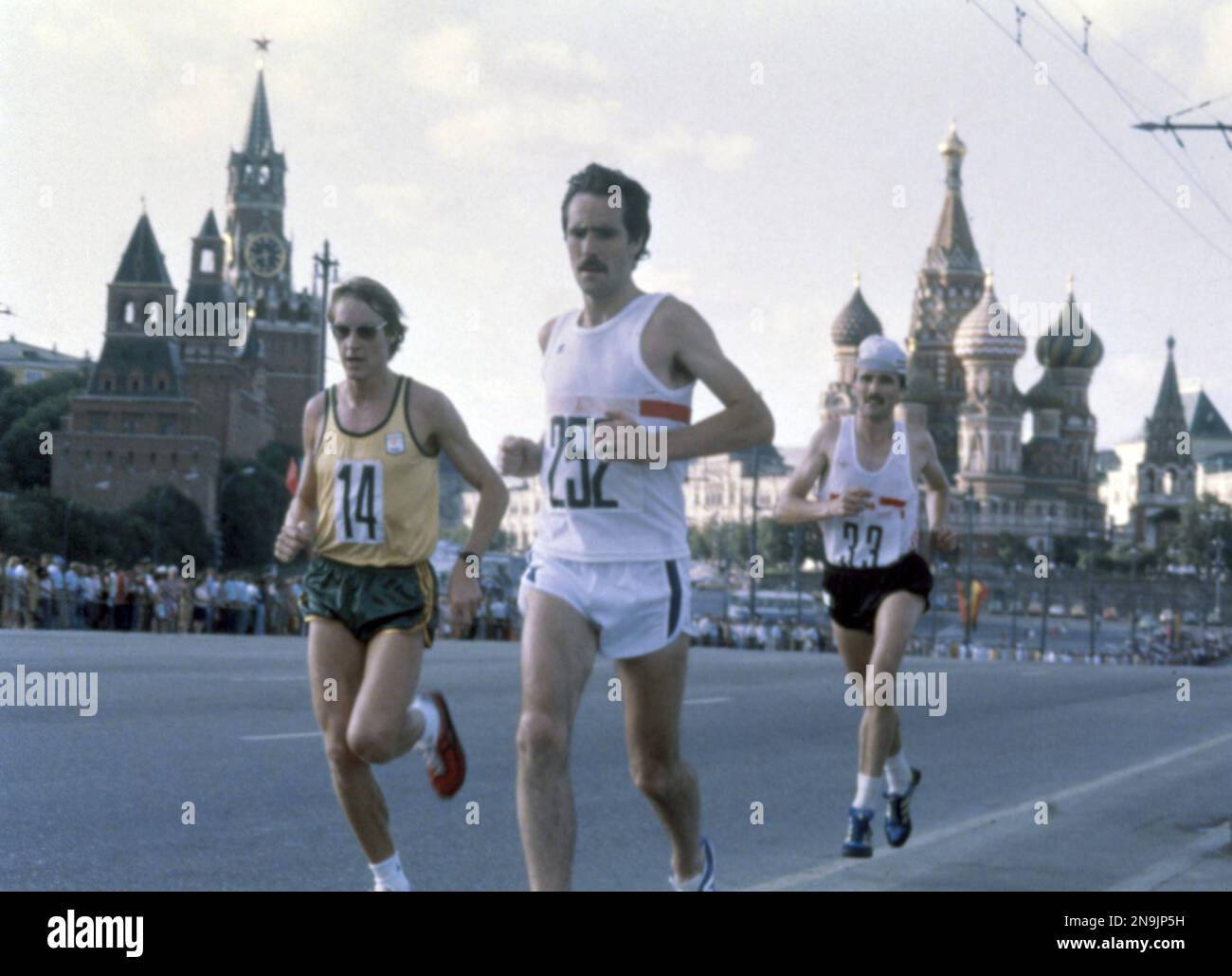 Marathon runners cross Red Square in Moscow during the Summer Olympic ...