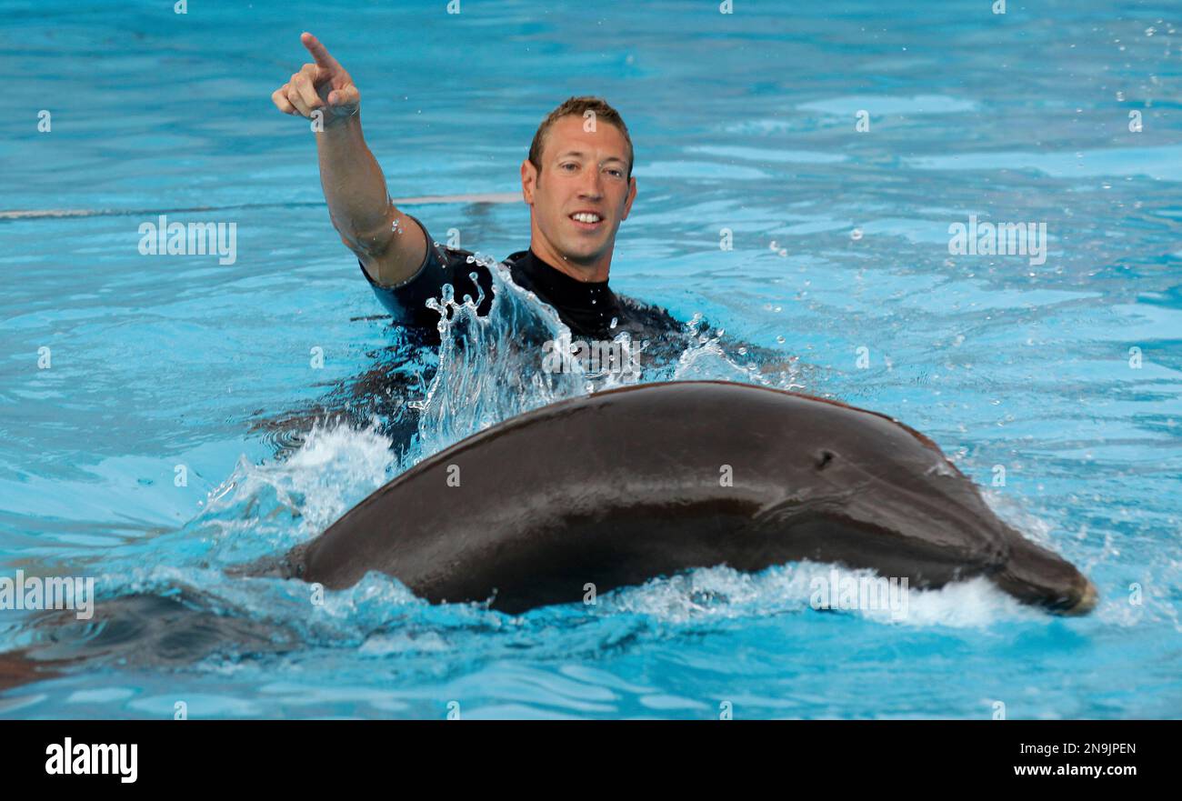 French swimmer champion Alain Bernard , swims with a dolphin at the ...
