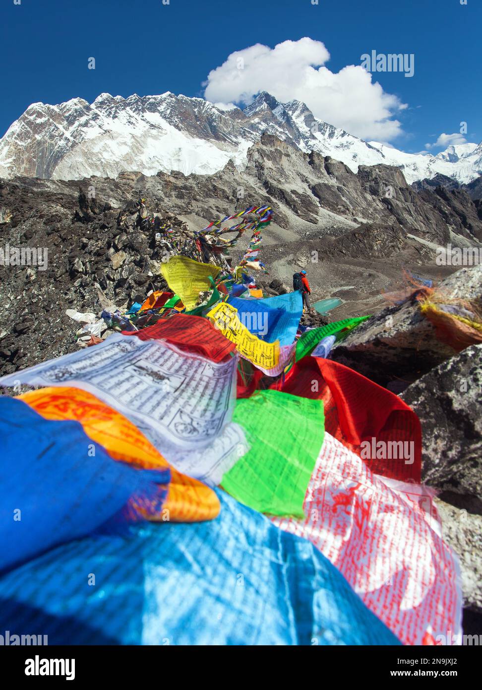 view of Lhotse peak with prayer flags from Kongma La pass, way to ...