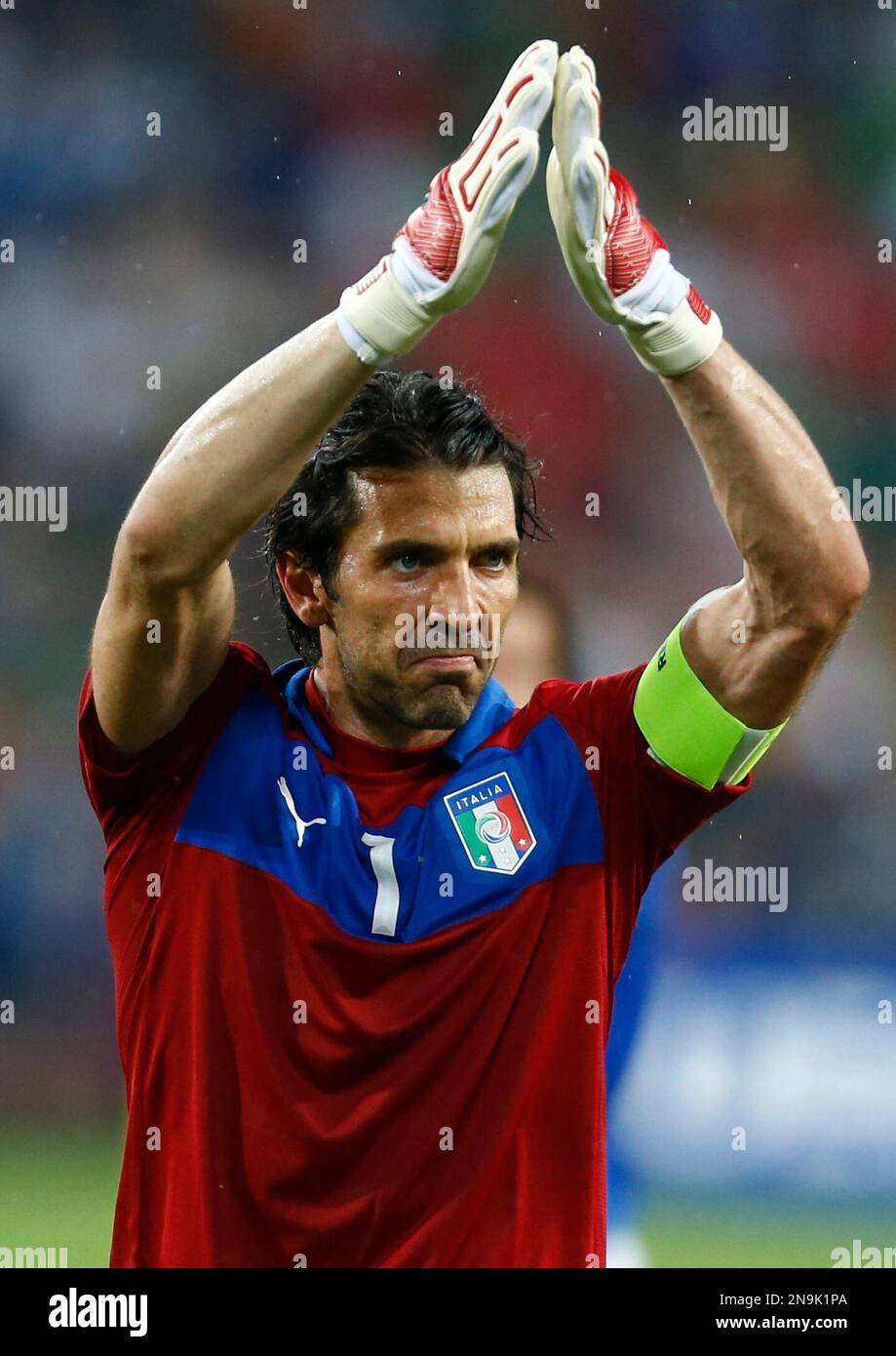 Italy goalkeeper Gianluigi Buffon celebrates their side 2-0 win at the ...