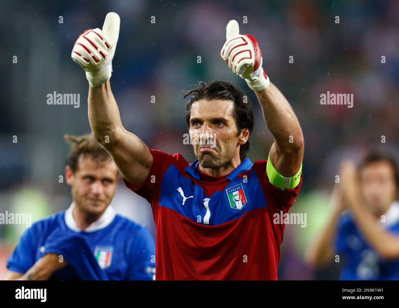 Italy goalkeeper Gianluigi Buffon celebrates their side 2-0 win at the ...