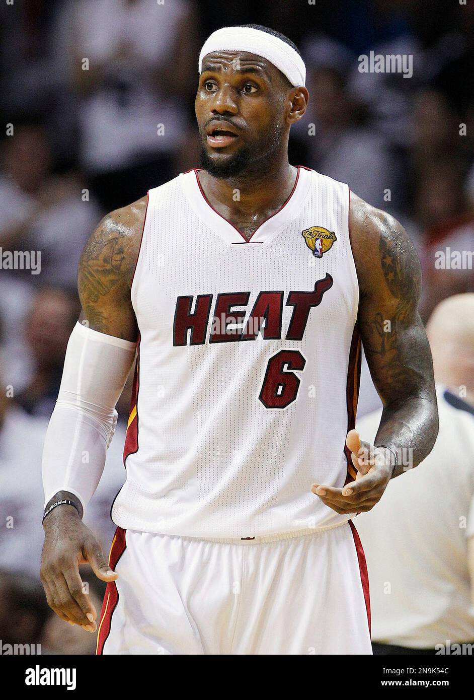 Miami Heat small forward LeBron James (6) reacts against the Oklahoma ...