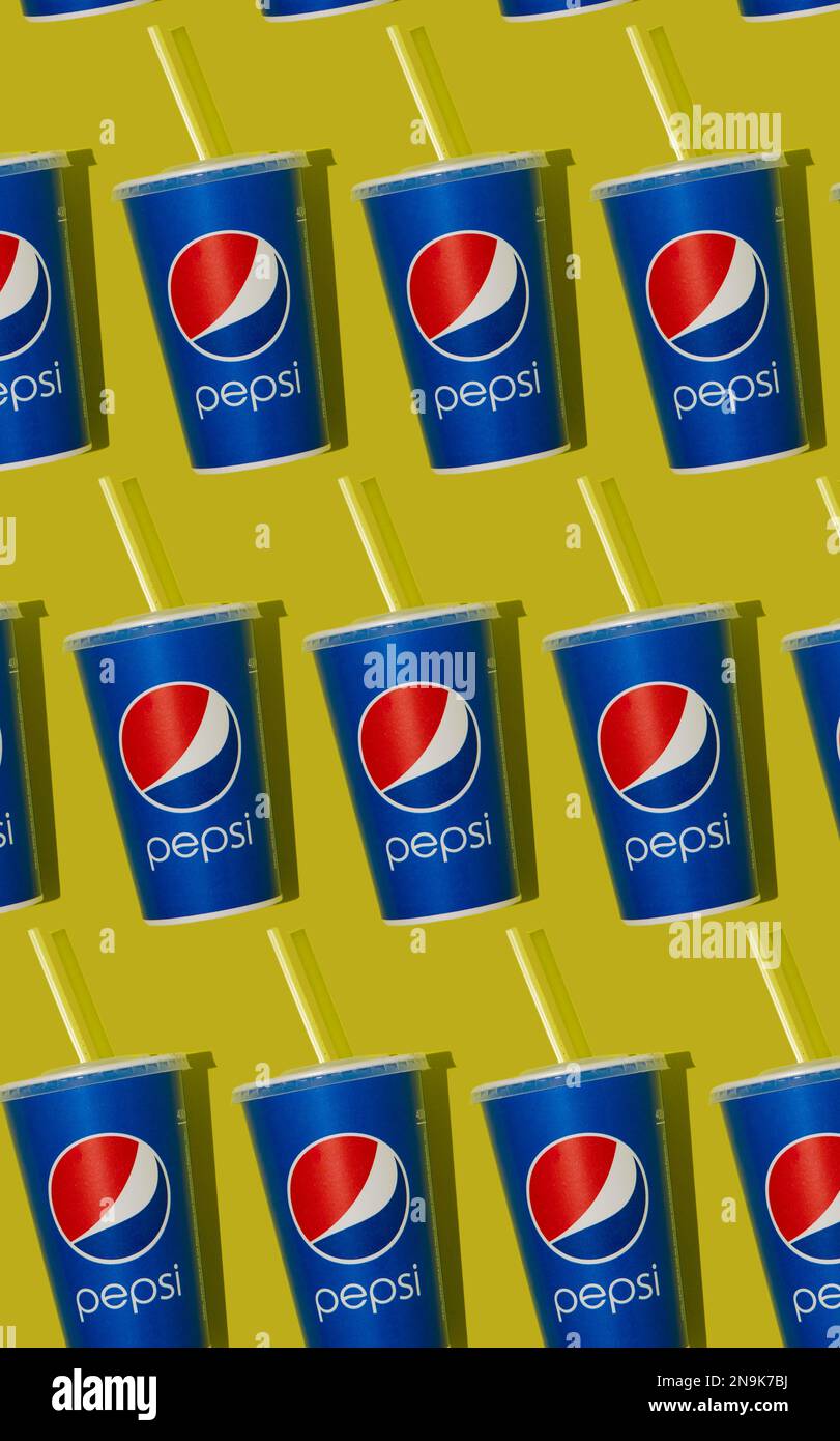 Blue paper glass with Pepsi. Takeaway carbonated drink in a cap and ...