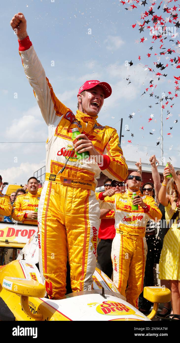 Ryan Hunter-Reay celebrates after winning the IndyCar auto race at the ...