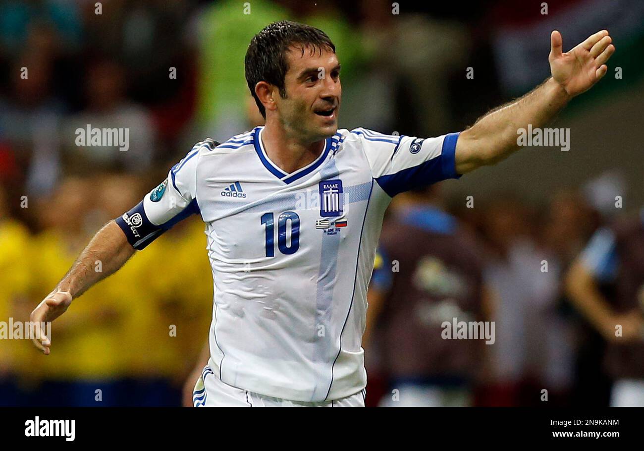 Greece's Giorgos Karagounis celebrates after scoring during the Euro ...
