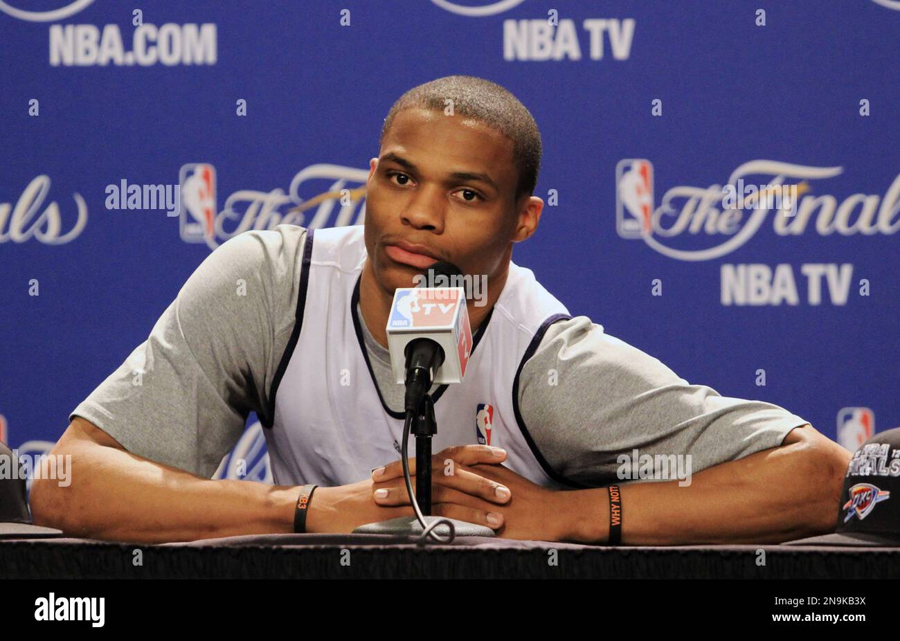 Oklahoma City Thunder point guard Russell Westbrook listens to a ...