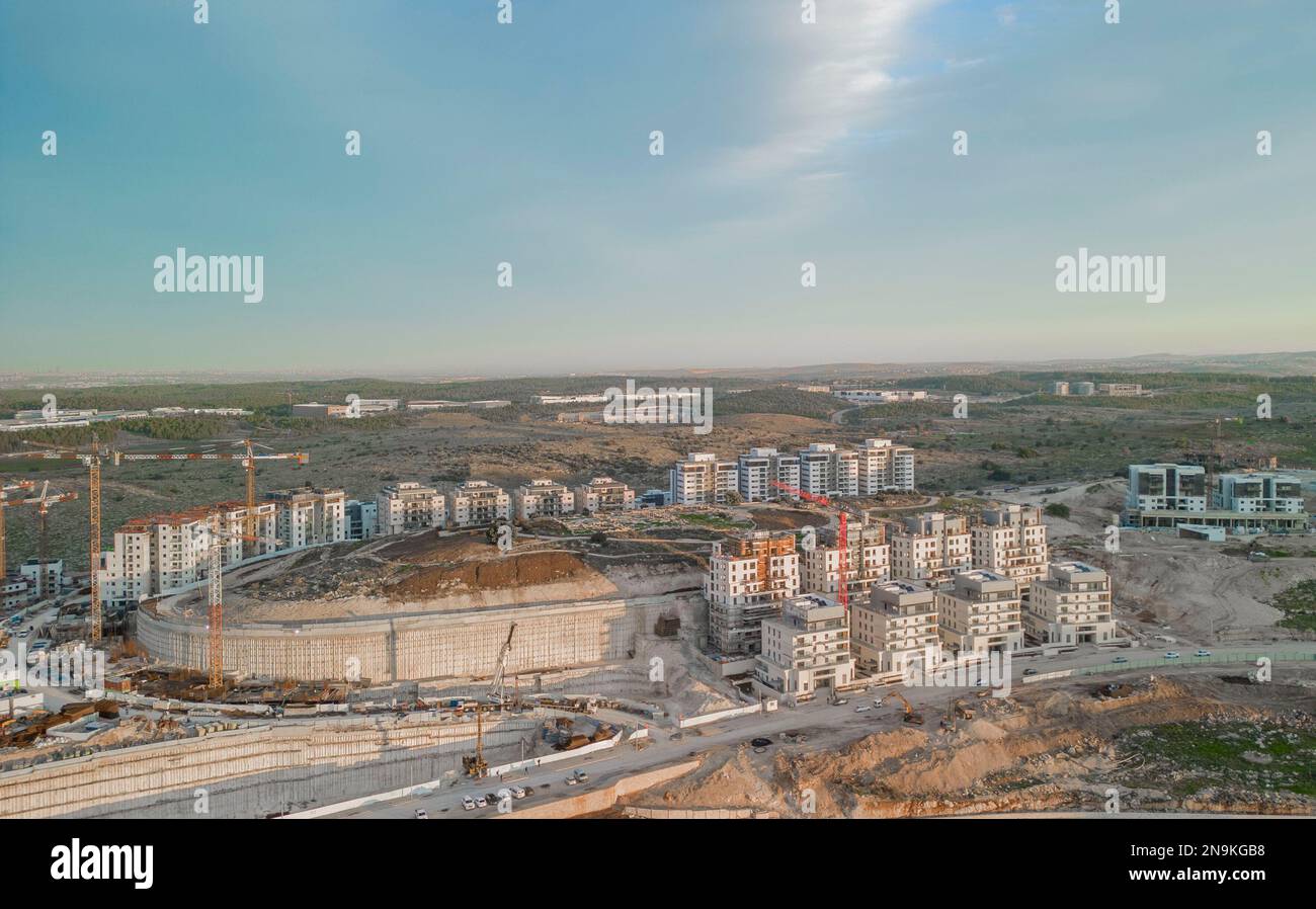 Modiin, Israel, January 11, 2023.Aerial view of the construction of a ...