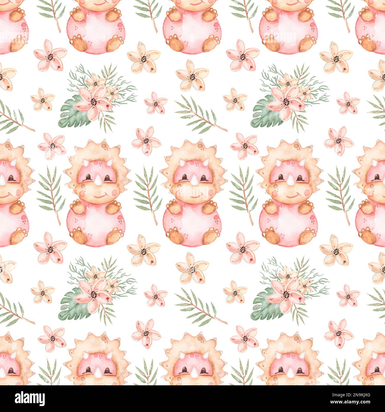 Watercolor seamless cute pink cartoon dinosaurs pattern. Little dino ...