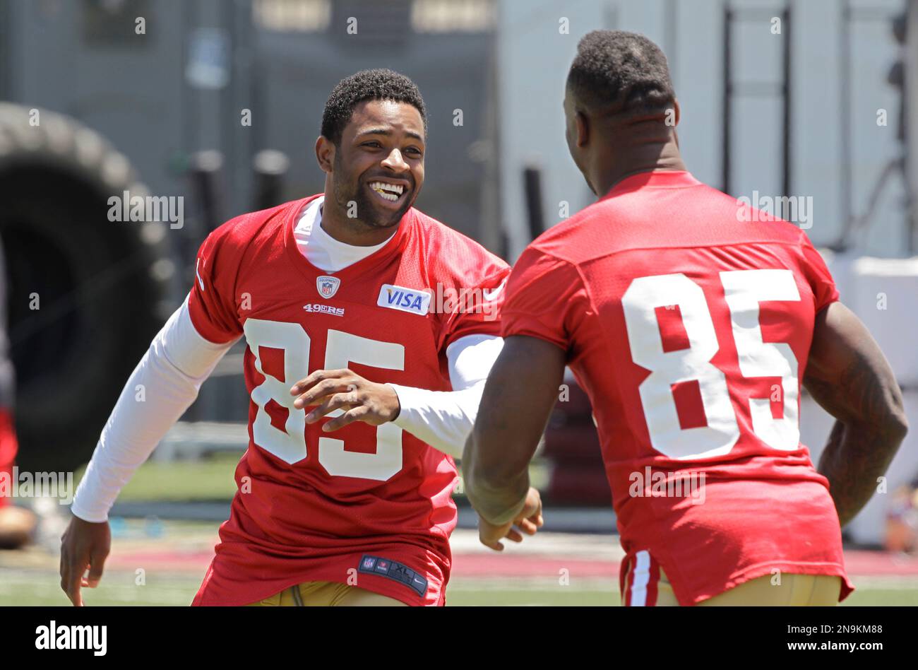 San Francisco 49ers wide receiver Michael Crabtree, left, and tight end ...