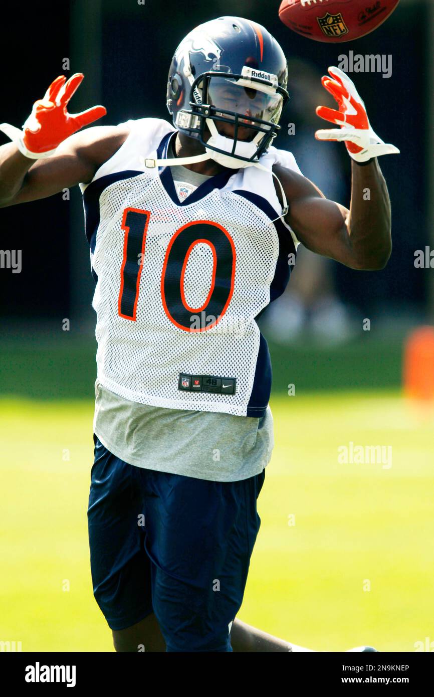 Denver Broncos rookie wide receiver Gerell Robinson tosses ball in the ...