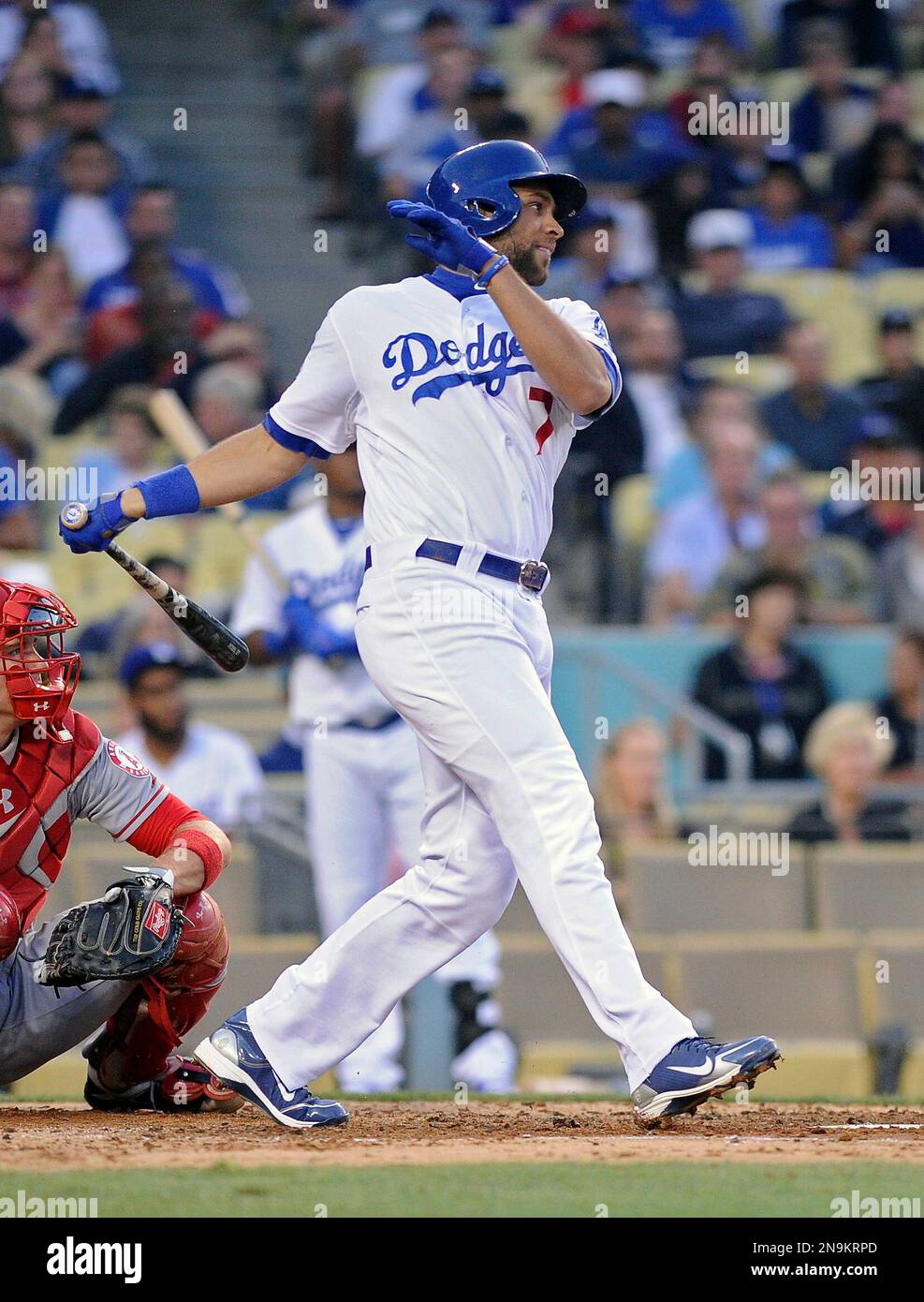 Los Angeles Dodgers' James Loney hits during their baseball game ...