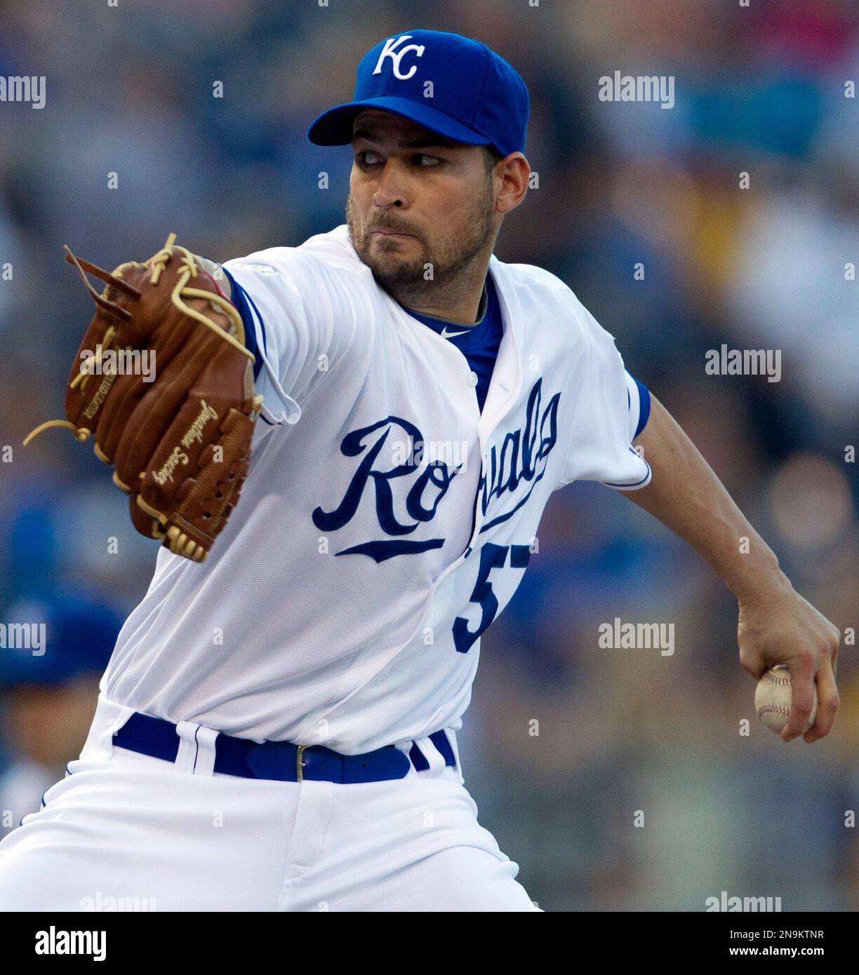 Kansas City Royals starting pitcher Jonathan Sanchez throws to ...