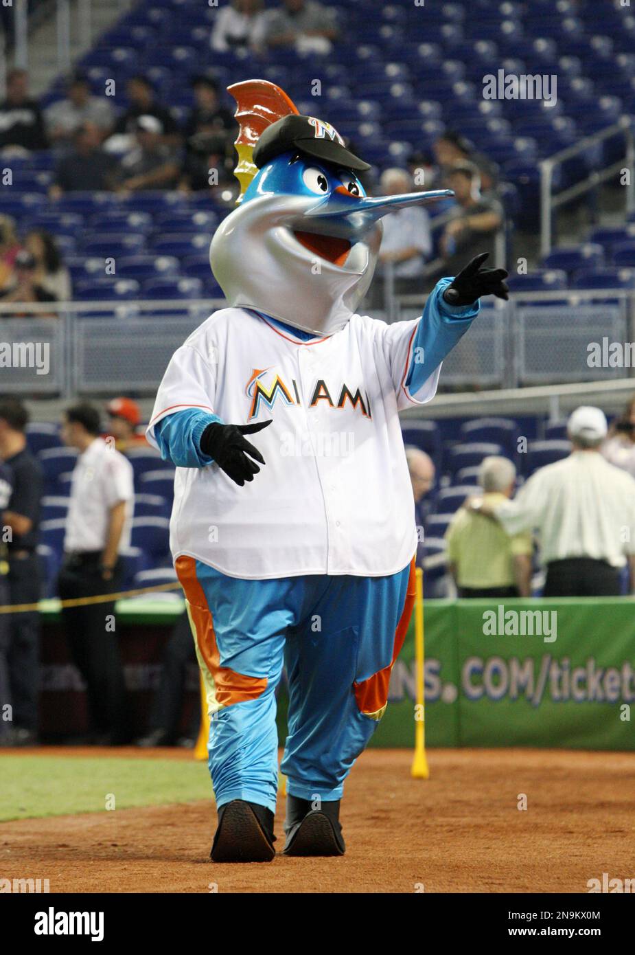 Miami Marlins mascot Billy the Marlin is shown before a baseball game between the Miami Marlins ...