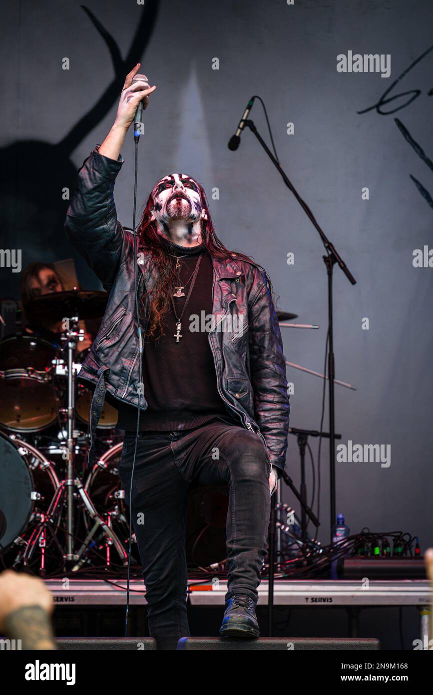 A vertical shot of Gaahl's Wyrd band performing at Brutal Assault 2022 ...