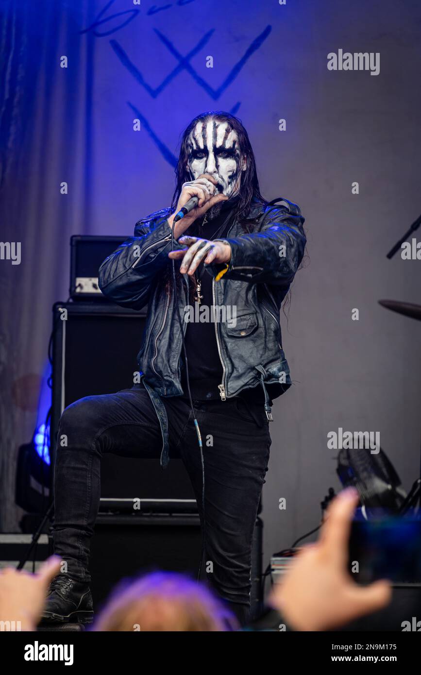 A vertical shot of Gaahl's Wyrd band performing at Brutal Assault 2022 ...
