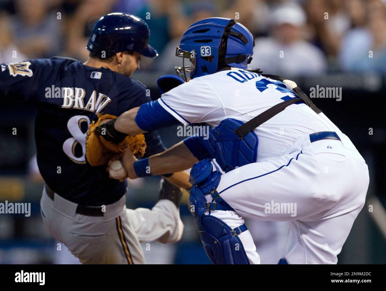 Kansas City Royals catcher Humberto Quintero tags out Milwaukee Brewers ...