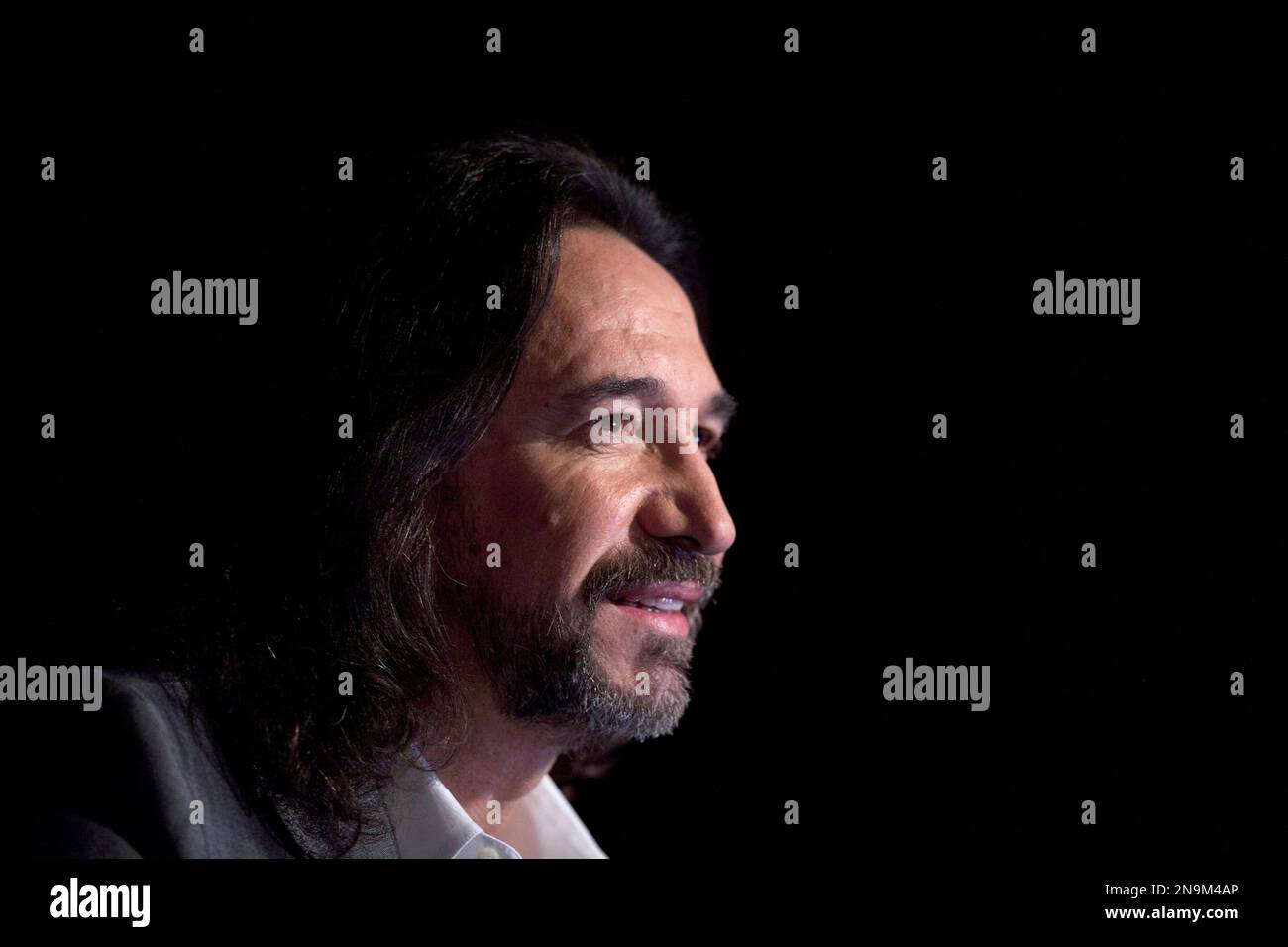 Mexican singer Marco Antonio Solís, "El Buki," speaks during a press ...