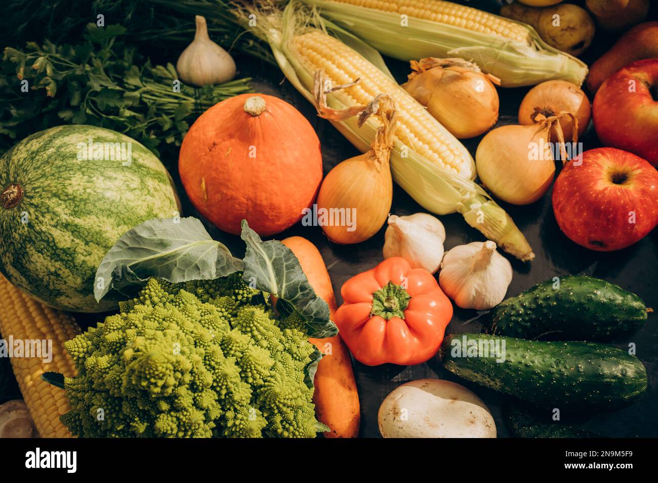 Organic harvest fruits and vegetables from garden. Vegetarian ...