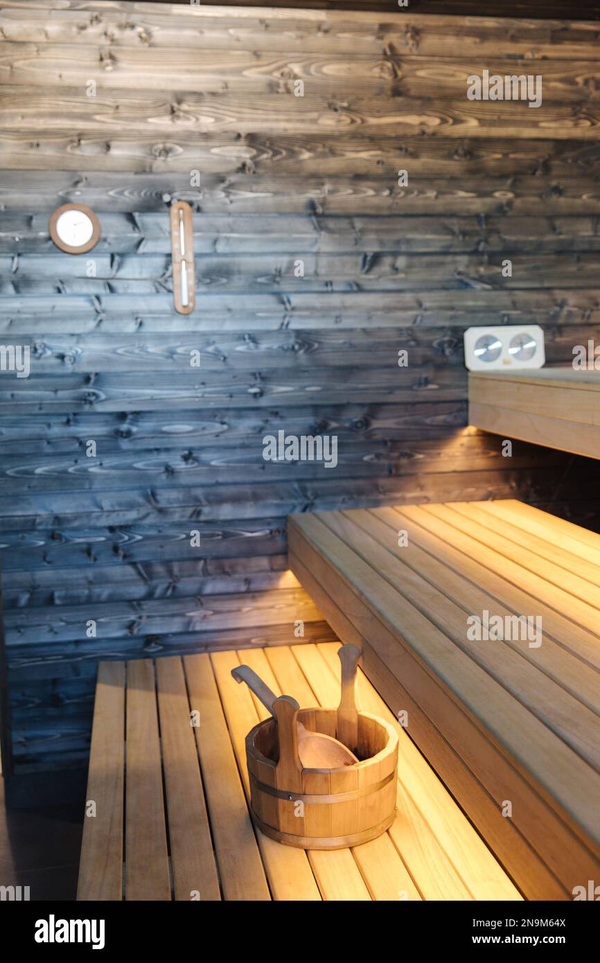 Interior of Finnish sauna. Front view of classic wooden sauna. Relax in ...