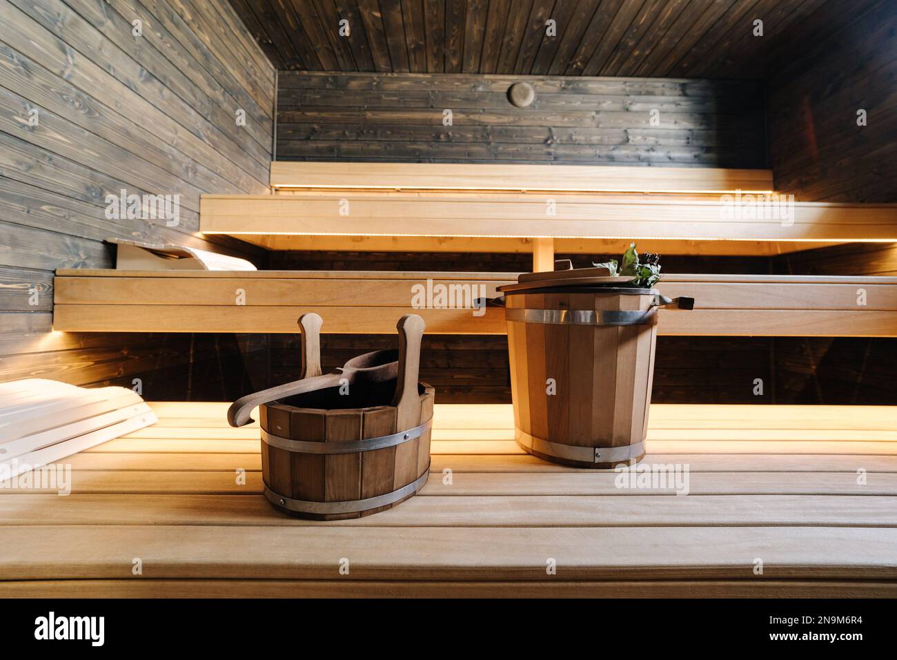 Modern interior of wooden spa cabin. View of empty Finnish sauna room ...