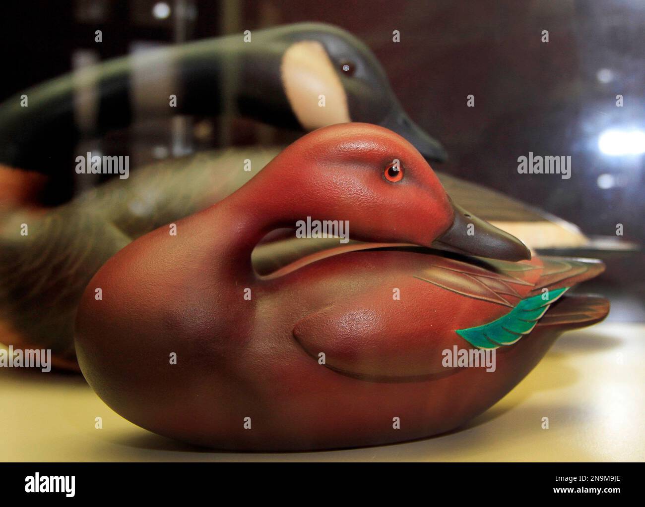 In this photo taken Friday June 8, 2012 a wooden carved duck by Fred ...