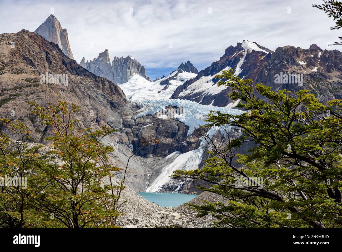 View to the beautiful glaciar Piedras Blancas with lagoon while hiking ...