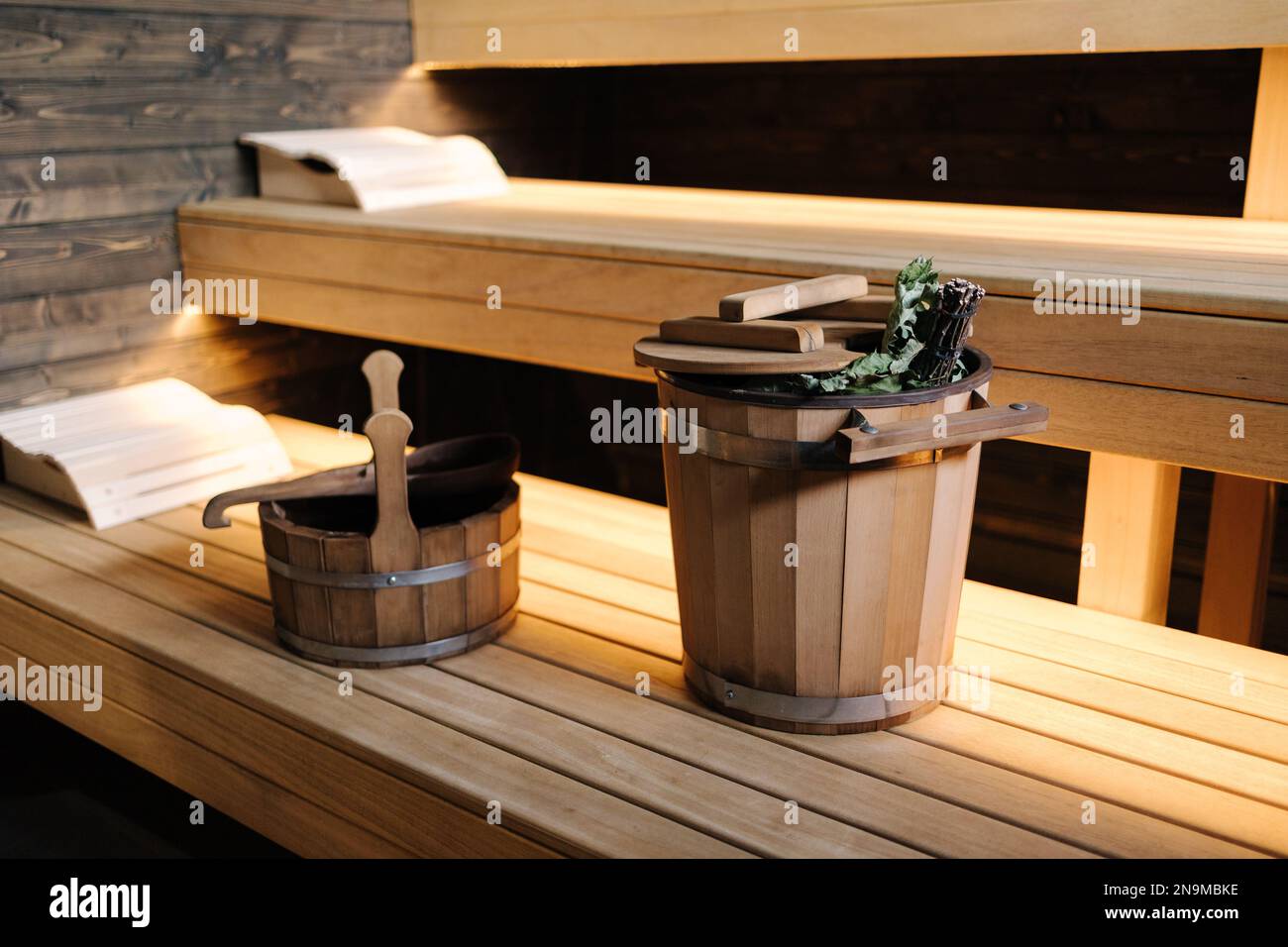 Interior of Finnish sauna. Front view of classic wooden sauna. Relax in ...