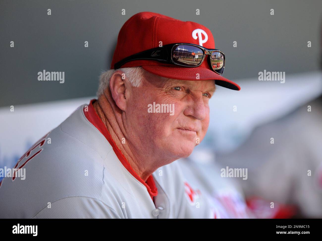 Philadelphia Phillies manager Charlie Manuel (41) looks on from the ...