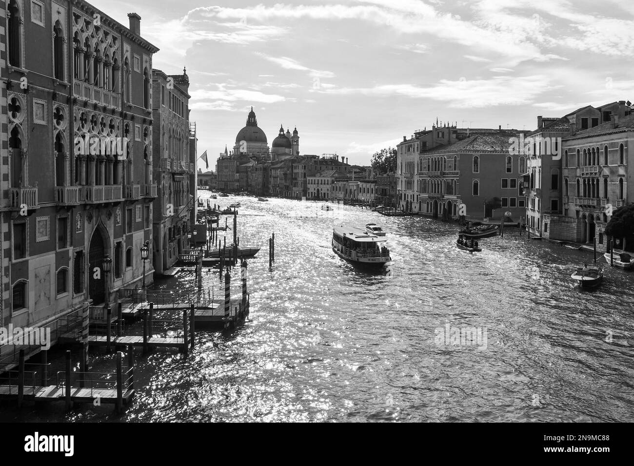 B&W cityscape from Ponte dell'Accademia bridge with Palazzo Franchetti ...