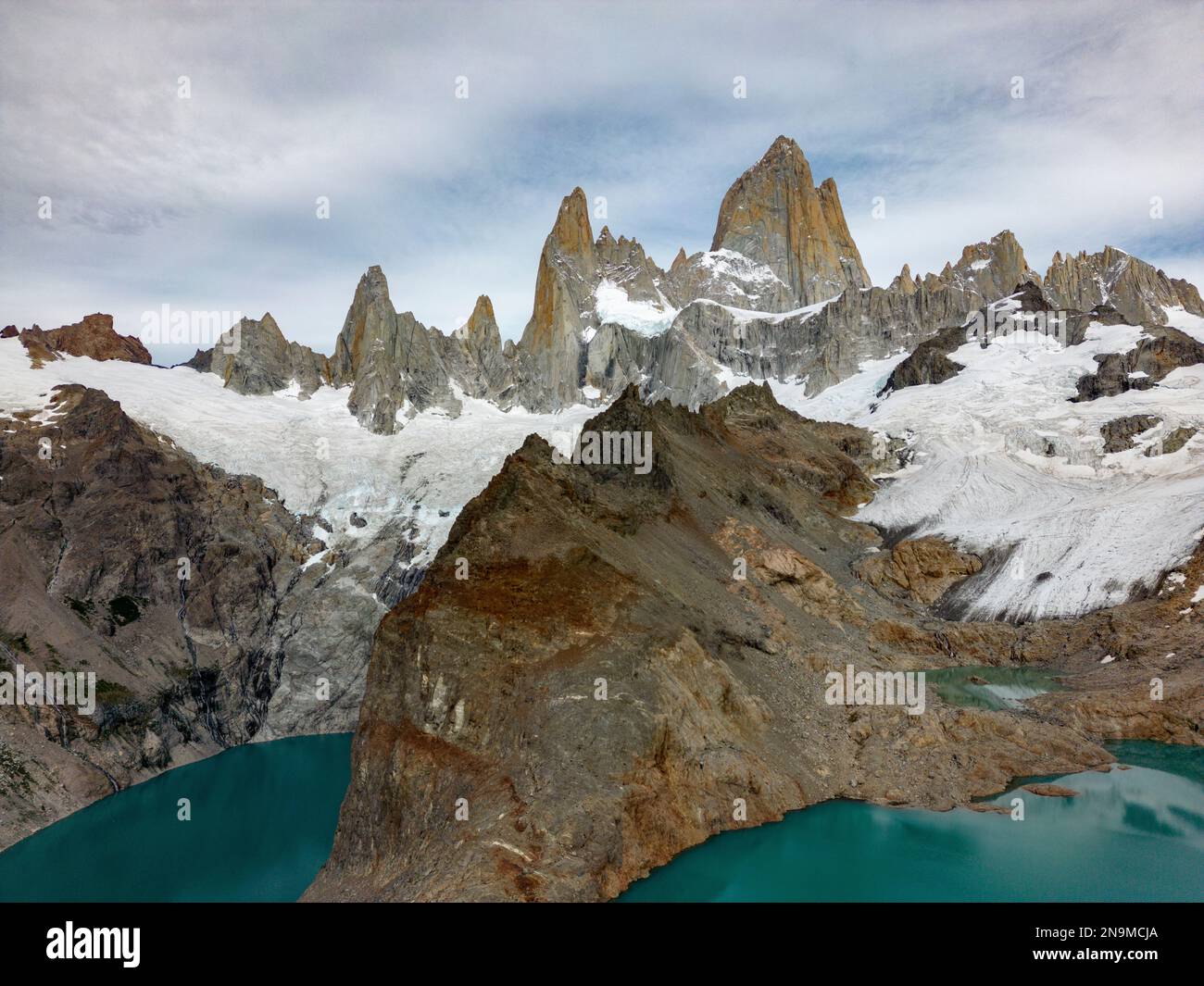 Aerial view of the stunning Laguna de los Tres and Laguna Sucia with ...