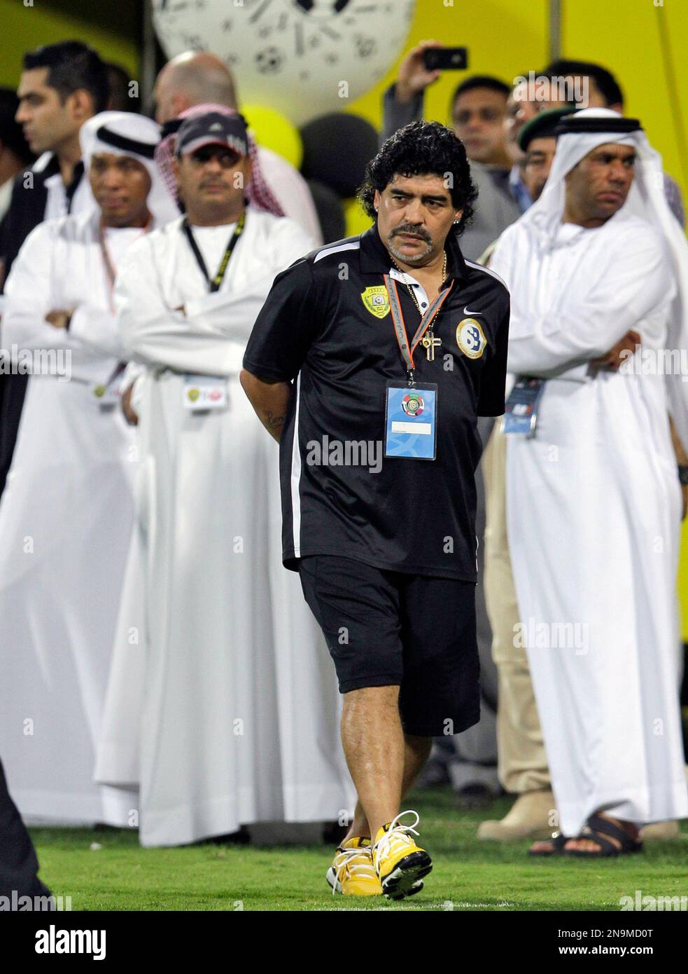Argentinian coach of Al Wasl, Diego Maradona, center, reacts during a ...