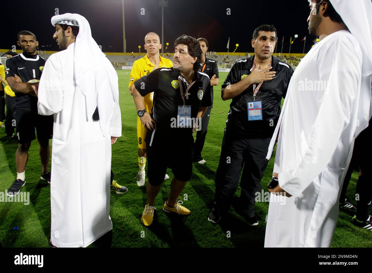 Argentinian coach of Al Wasl, Diego Maradona, center, reacts after they ...